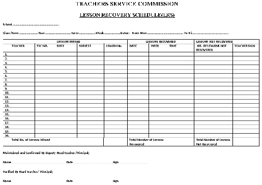 TSC Latest Lesson Recovery Schedule Form in PDF and filling guide ...